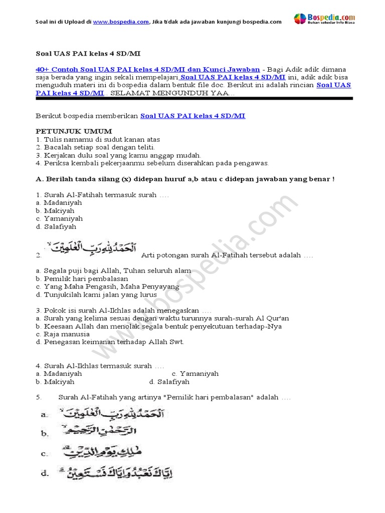 40+ Contoh Soal UAS PAI Kelas 4 SD MI Dan Kunci Jawaban | PDF