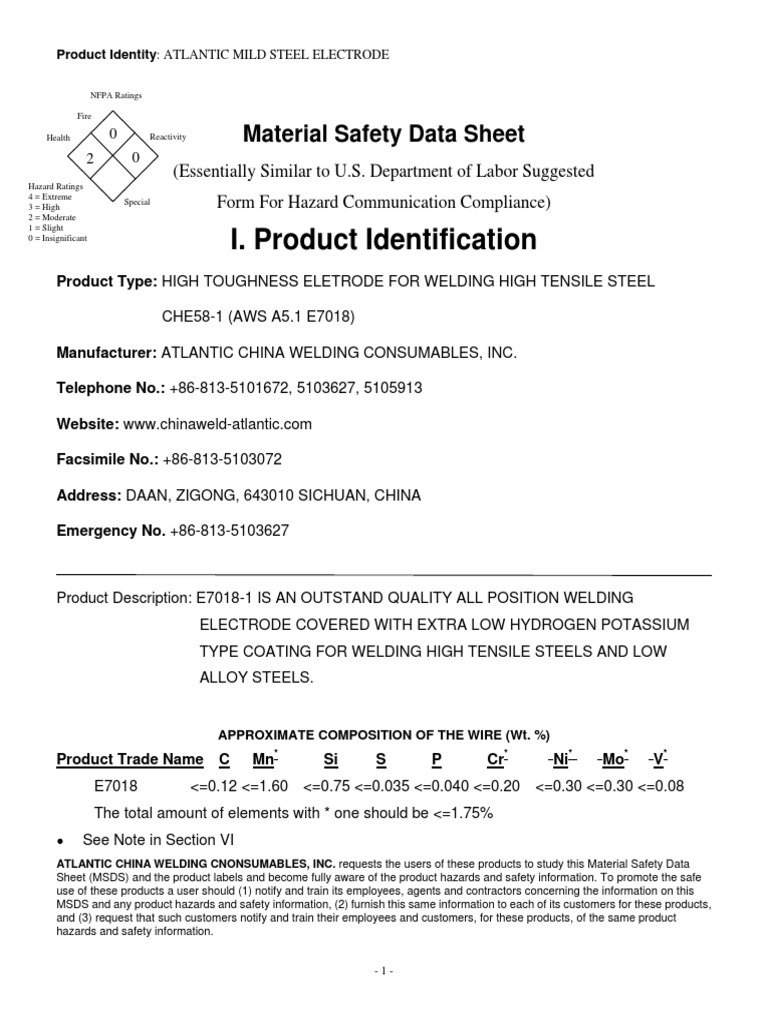 I. Product Identification: Material Safety Data Sheet | PDF | Welding ...