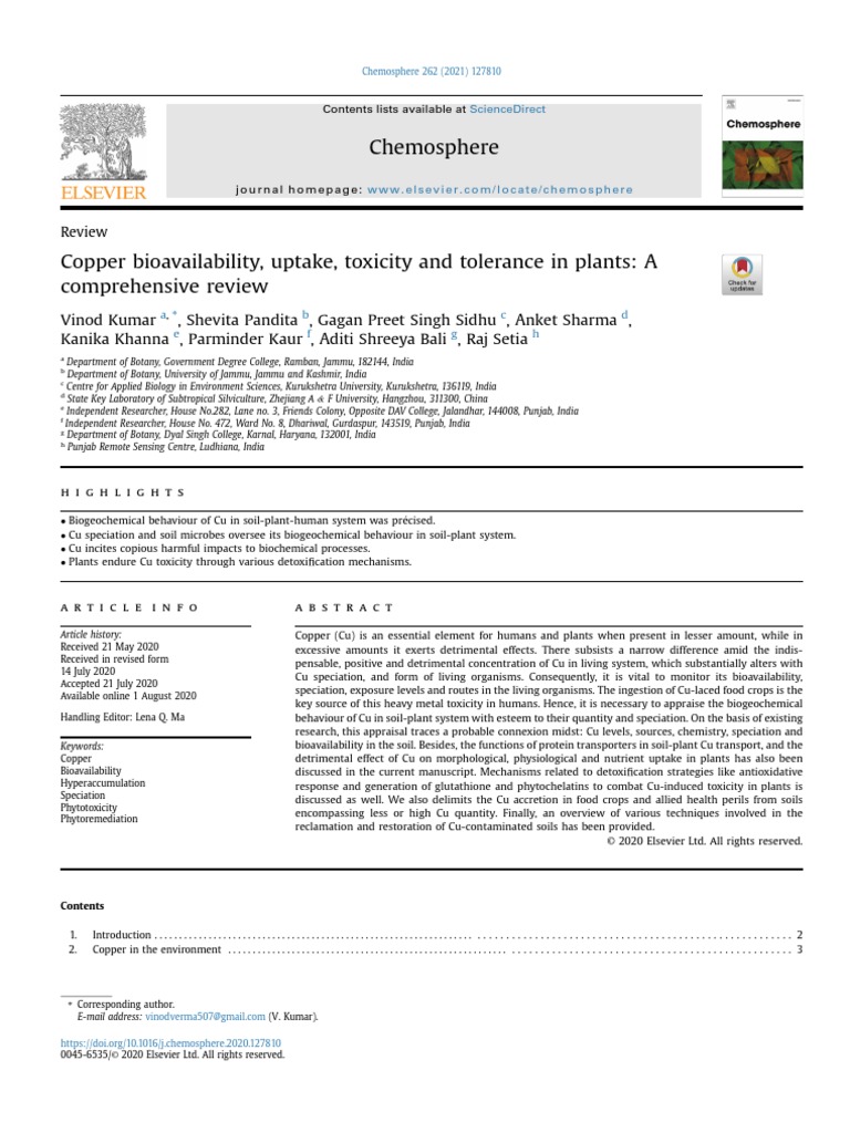 Copper Bioavailability, Uptake, Toxicity and Tolerance in Plants ...