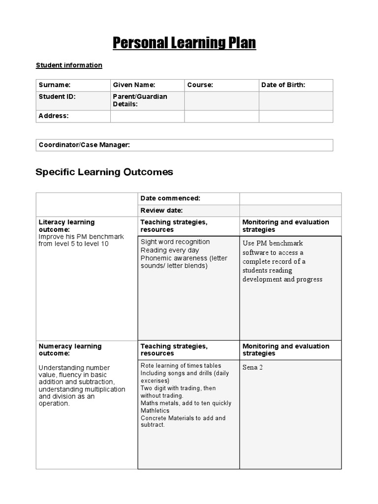 Personal Learning Plan | PDF | Behavior | Literacy