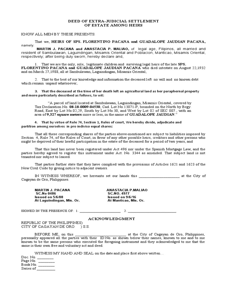 Deed of Extra Judicial Guadalope Jaudian | PDF | Inheritance | Civil ...