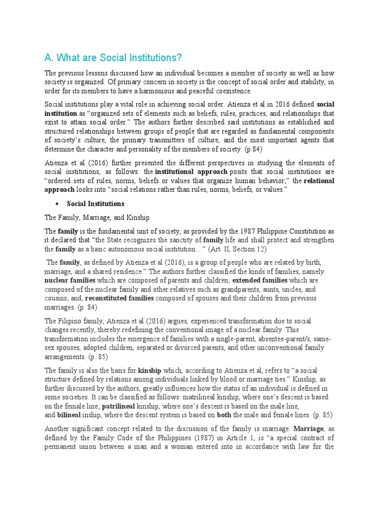 An Overview of Key Social Institutions: The Role of Families, Economies ...