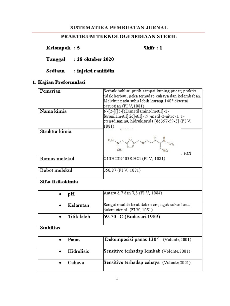 Jurnal Pratikum Sediaan Injeksi Ranitidin | PDF