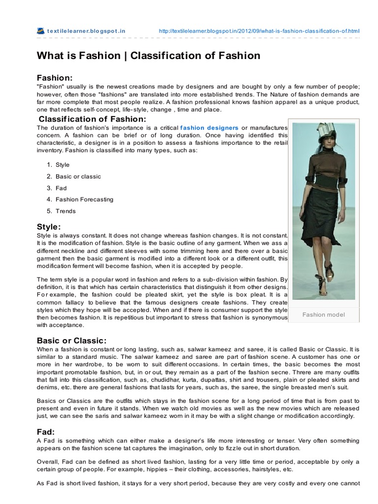 Classification of Fashion Styles - Basic, Classic, Fad and Trends | PDF