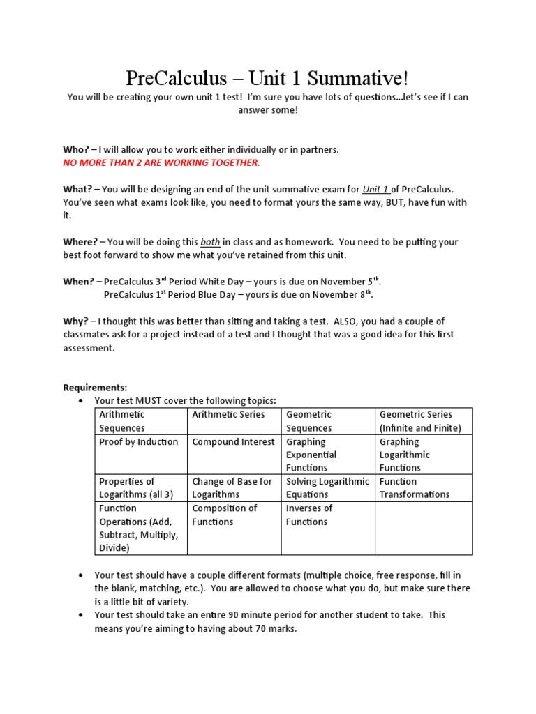 PreCalculus Unit 1 Summative | PDF | Precalculus | Logarithm