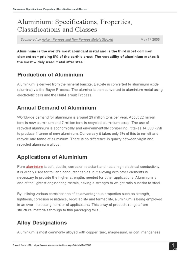Aluminium Specifications Properties Classifications and Classes PDF ...