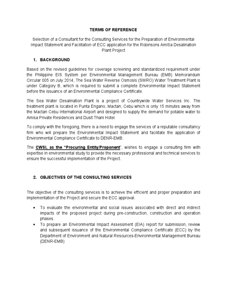 Sample TOR For Consultancy Service | PDF | Environmental Impact ...