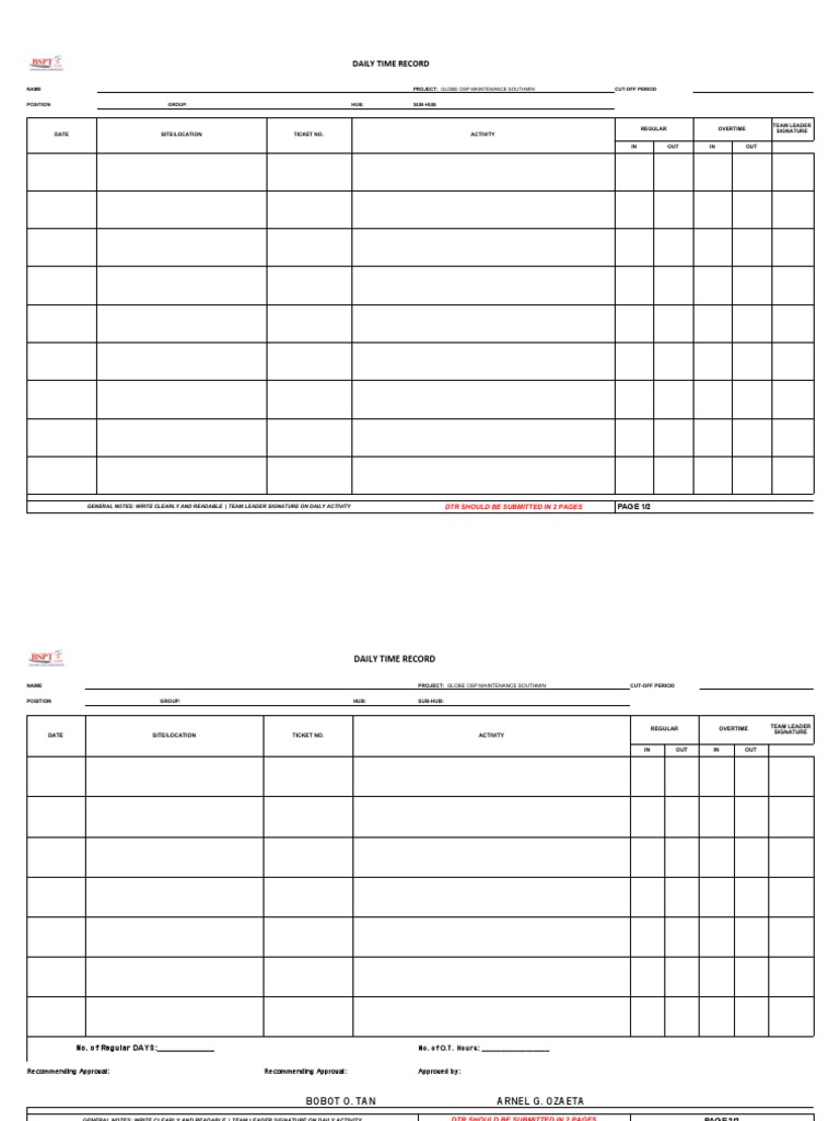 Daily Time Record: Name Cut-Off Period Project: Globe Osp Maintenance ...