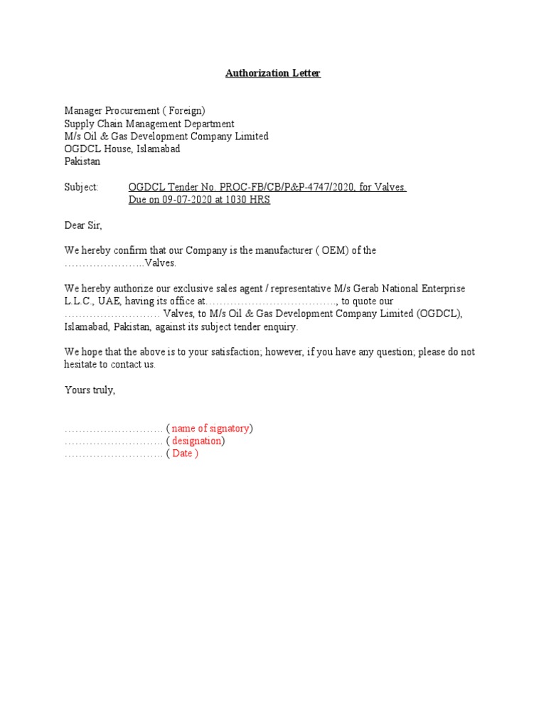 OEM Authorization Letter for Tender | PDF