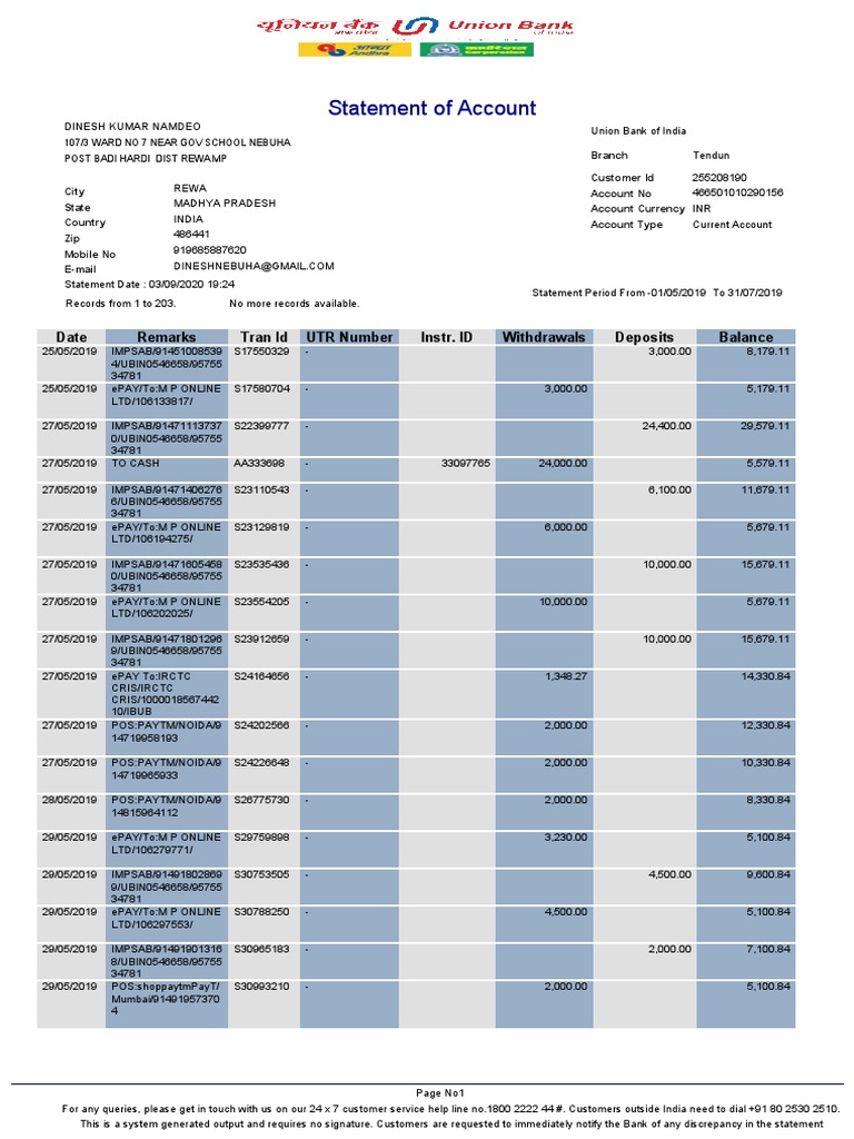 Statement of Account: Date Tran Id Remarks UTR Number Instr. ID ...