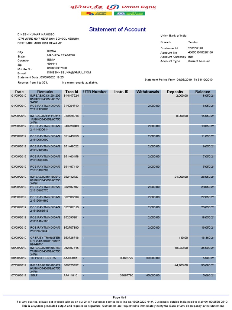 Statement of Account: Date Tran Id Remarks UTR Number Instr. ID ...