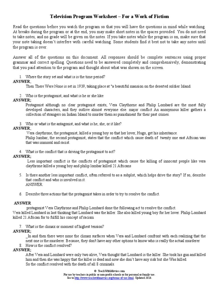 Television Program Worksheet - For A Work of Fiction: Answer | PDF ...