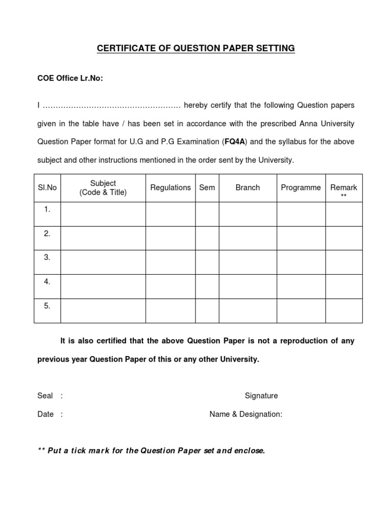 Certificate of Question Paper Setting - New PDF | PDF | Technology ...