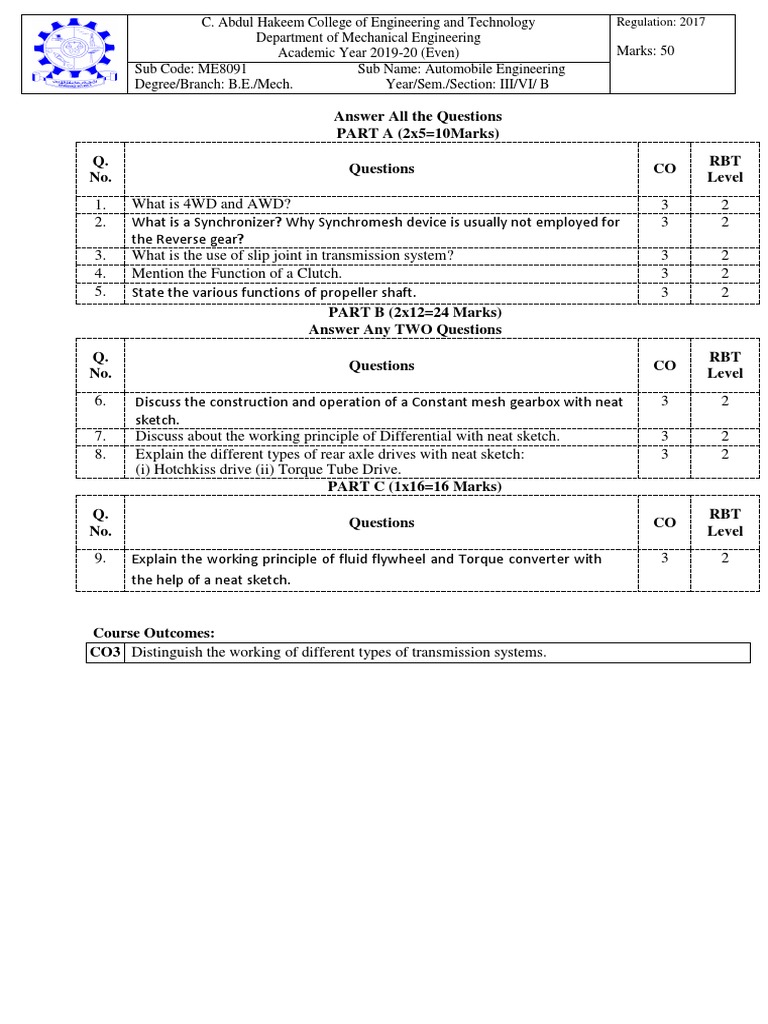 ME8091 Automobile Engineering Exam Paper | PDF | Manual Transmission ...