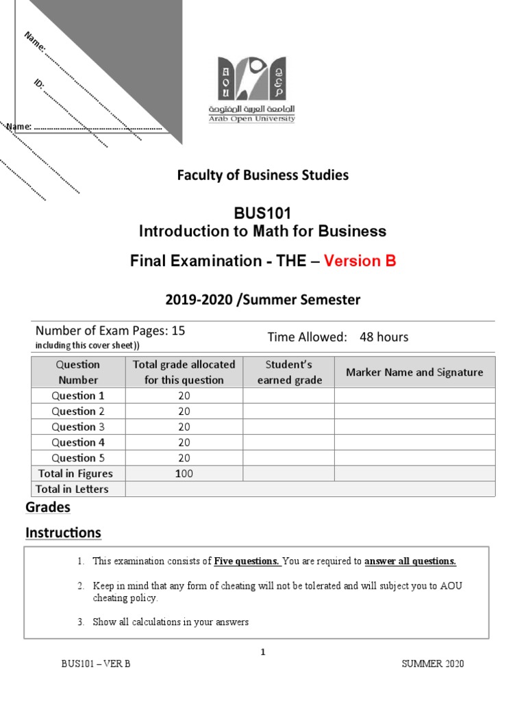 BUS101 Final Exam: Business Math Concepts | PDF | Interest | Test ...