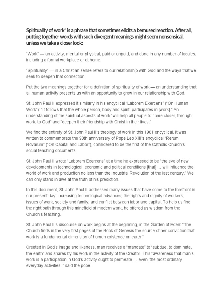 Spirituality of Work | PDF | Catholic Church | Theology