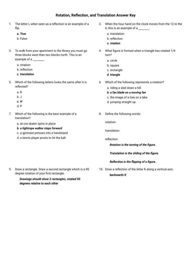 Rotation, Reflection, and Translation Answer Key PDF | PDF | Rotation ...
