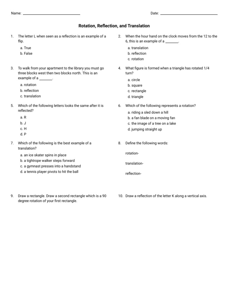 Translation And Reflection Worksheet Pdf