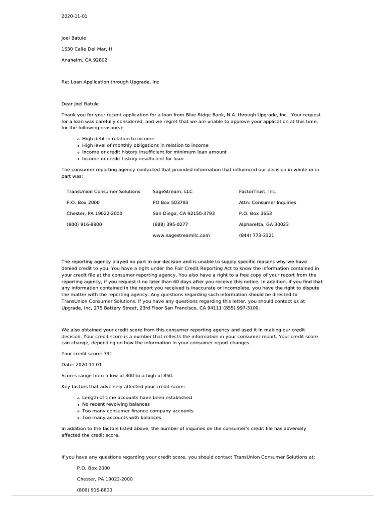 Adverse Action Notice | Download Free PDF | Credit Score | Credit History