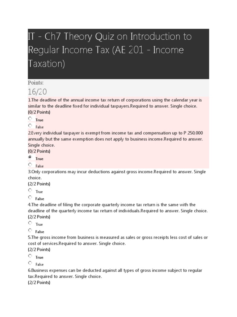 IT - Ch7 Theory Quiz On Introduction To Regular Income Tax (AE 201 ...