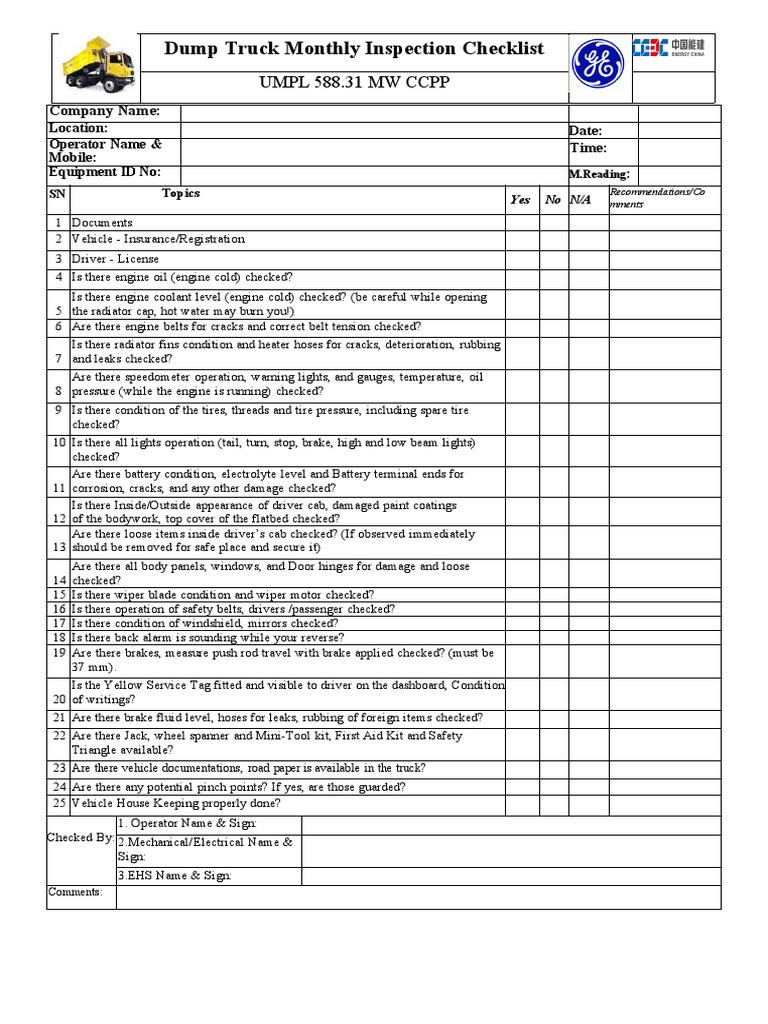 Dump Truck Monthly Inspection Checklist | PDF | Truck | Vehicles