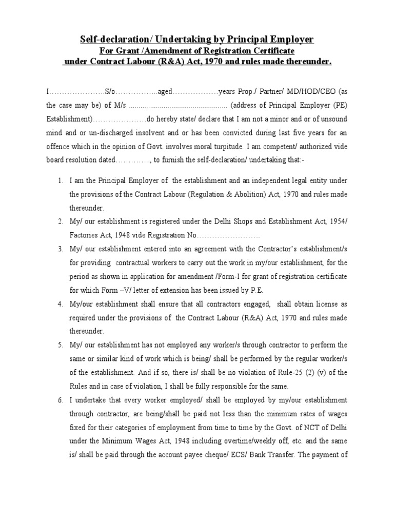 Self-Declaration/ Undertaking by Principal Employer | PDF | Identity ...