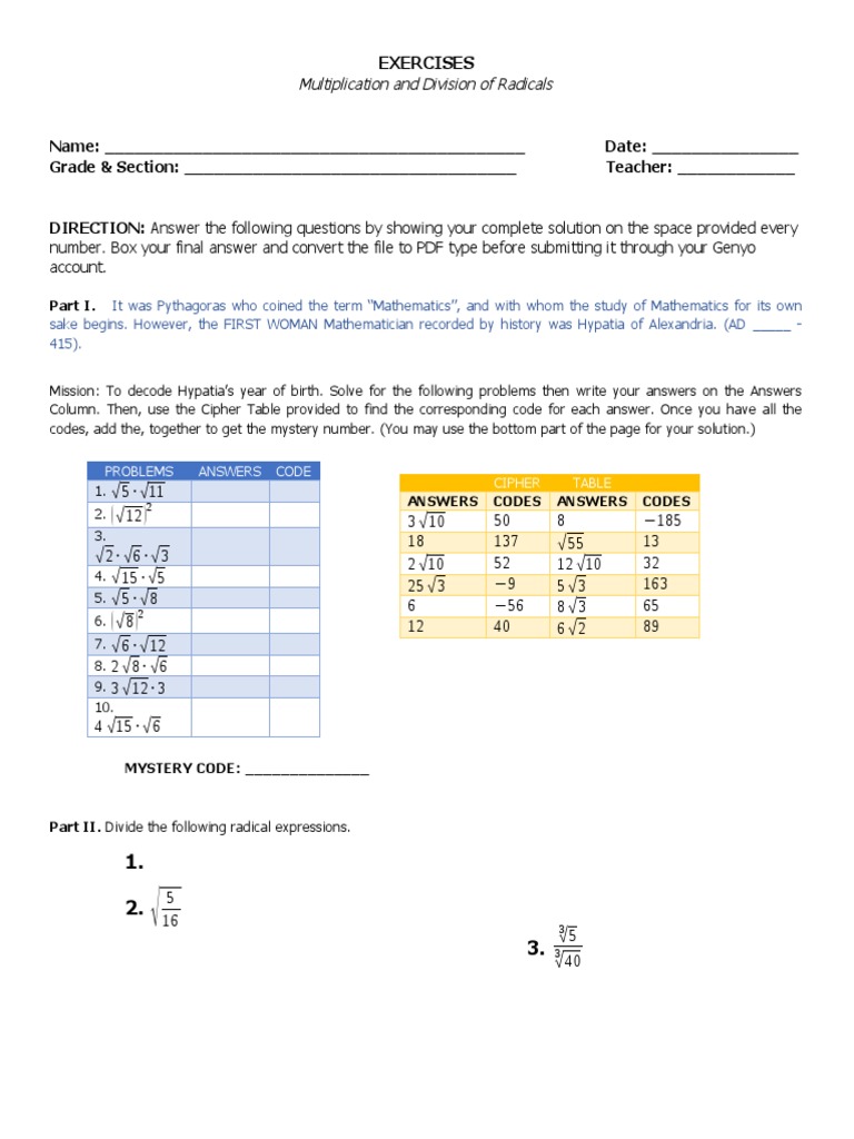 Multiplication and Division of Radicals: Exercises | PDF ...
