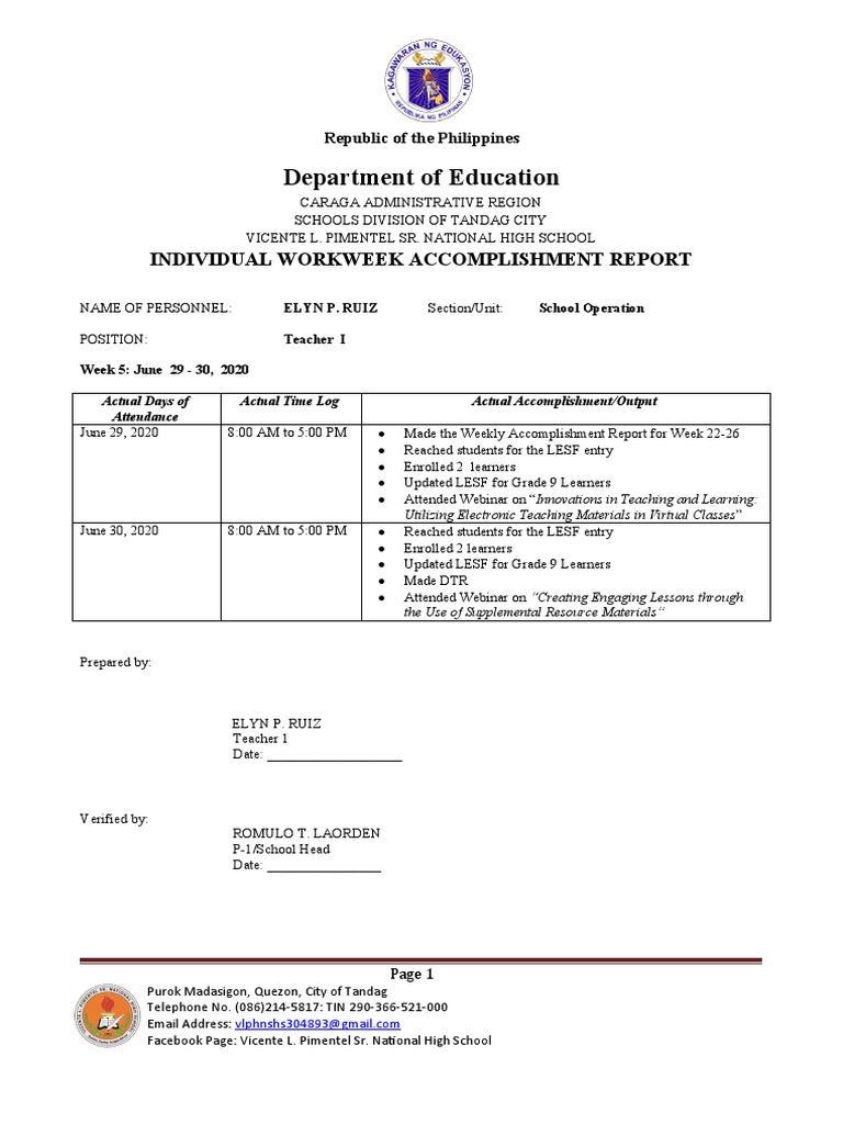 Department of Education: Individual Workweek Accomplishment Report | PDF