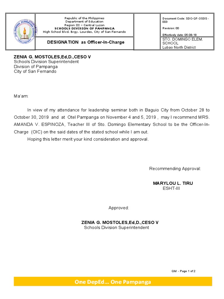 DESIGNATION As Officer-In-Charge: Schools Division of Pampanga | PDF ...