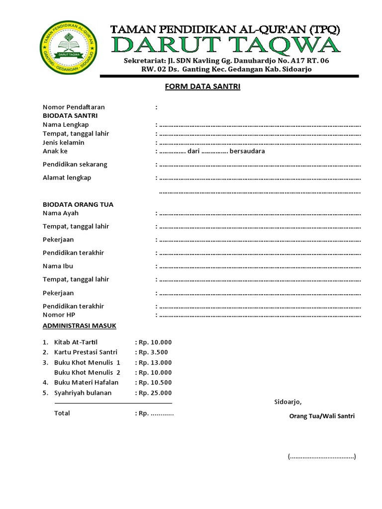 Contoh Form Santri Baru TPQ | PDF | Memasak, Makanan, & Anggur