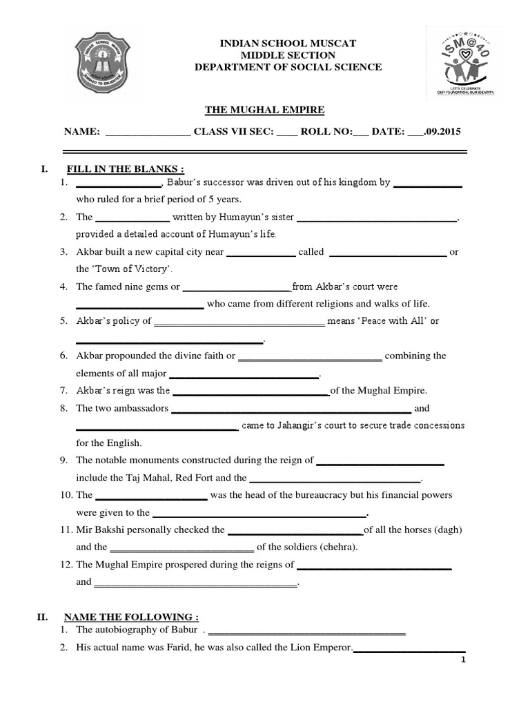 Class VII Social The Mughal Empire Wks | PDF | Mughal Empire | Timurid ...