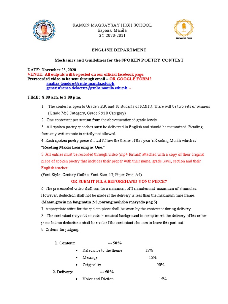 English Department Mechanics and Guidelines For The SPOKEN POETRY ...