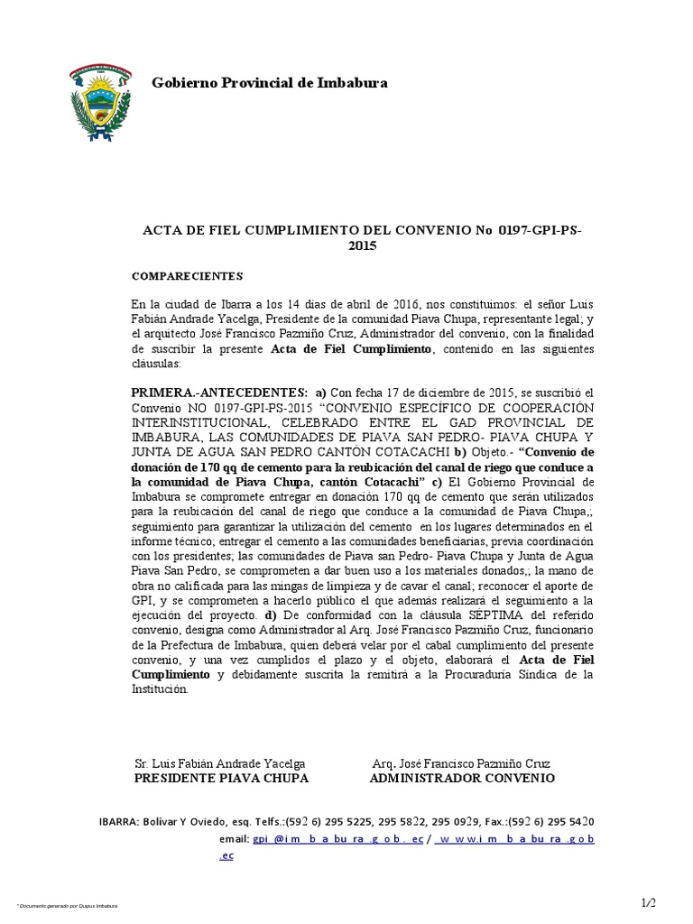 Acta de Fiel Cumplimiento Conv. 0197-2015 | PDF | Gobierno