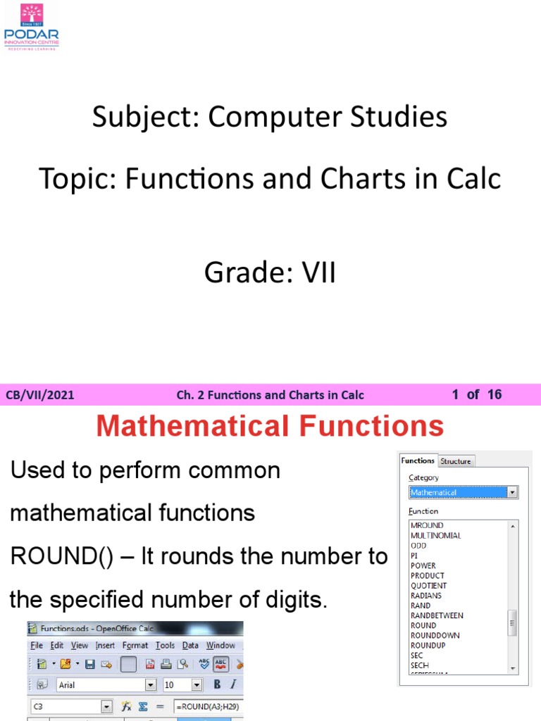CB VII Computer Studies Ch2 FunctionsandChartsinCalc | PDF | Pie Chart | Computing