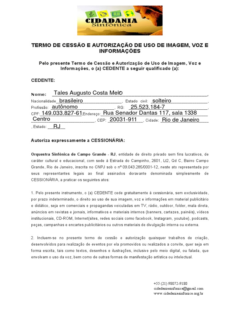 Cessão De Direito De Imagem E Voz Para Oscgrj Pdf Publicidade Imagem