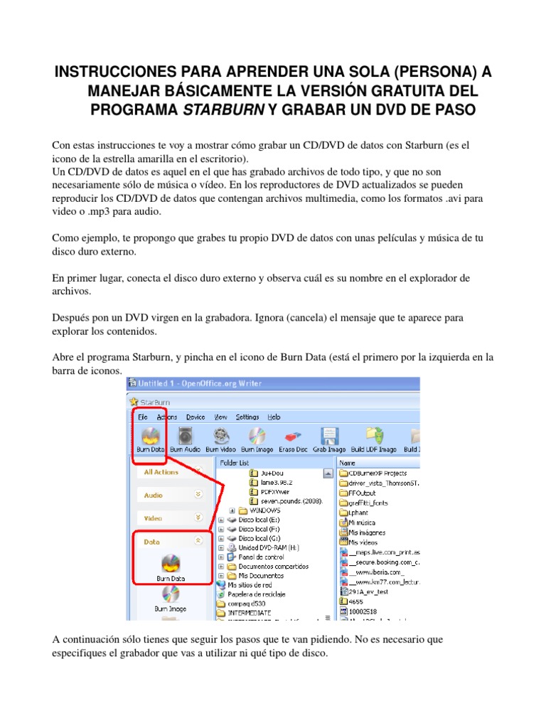 Instrucciones Iniciales para Starburn, Un Programa de Grabación de CD, DVD | PDF | Disco ...
