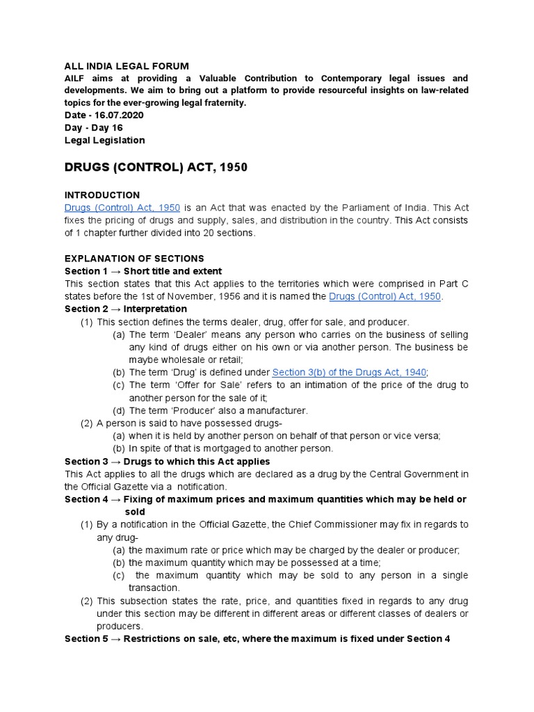(Day 16) (Final) Drugs (Control) Act, 1950 | PDF | Crime & Violence ...