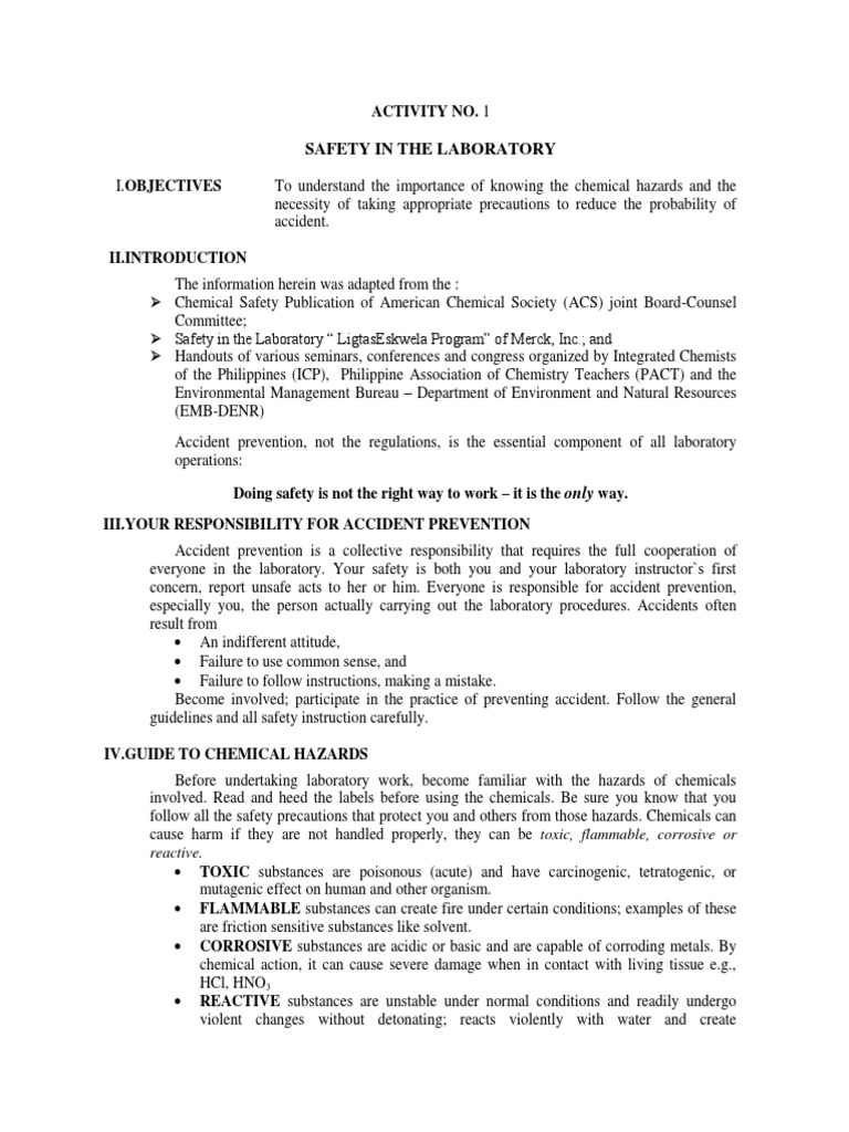 Safety in The Laboratory: Activity No. 1 | PDF | Poison | Prevention