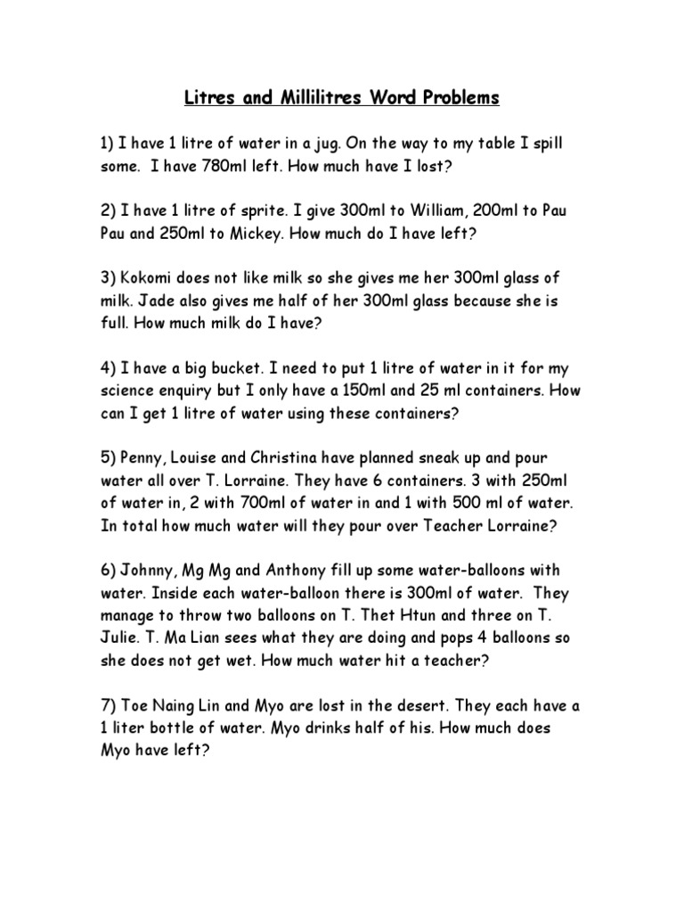 Liters and Milliliters Word Problems | PDF | Litre | Scientific Observation