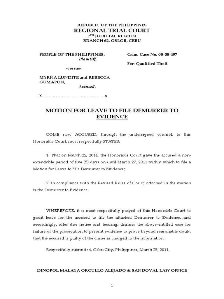 Motion For Leave Demurrer To Evidence Lundite | PDF | Demurrer | Prosecutor