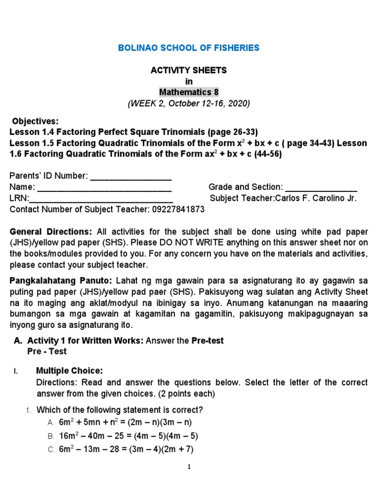 Week 2 Math 8 Activities | PDF | Abstract Algebra | Algebra