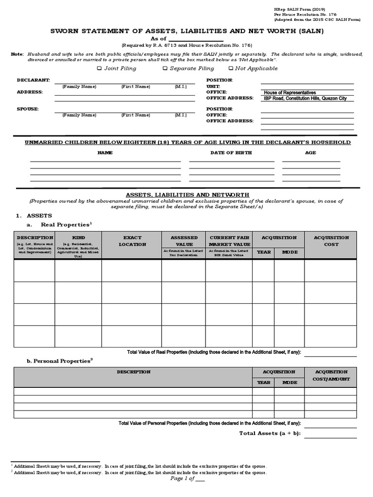 Sworn Statement of Assets, Liabilities and Net Worth (Saln) : Joint ...