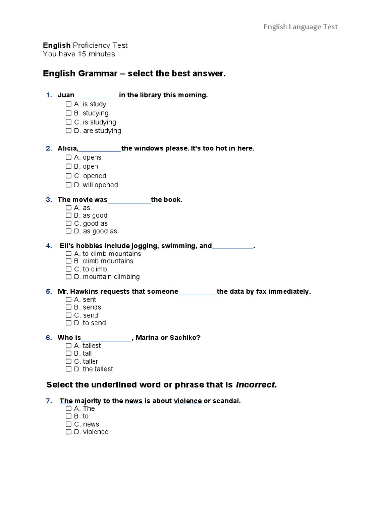 English Grammar - Select The Best Answer.: You Have 15 Minutes | PDF ...