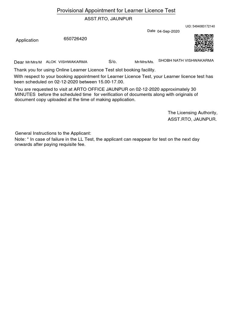 Provisional Appointment For Learner Licence Test: 04-Sep-2020 Date ...