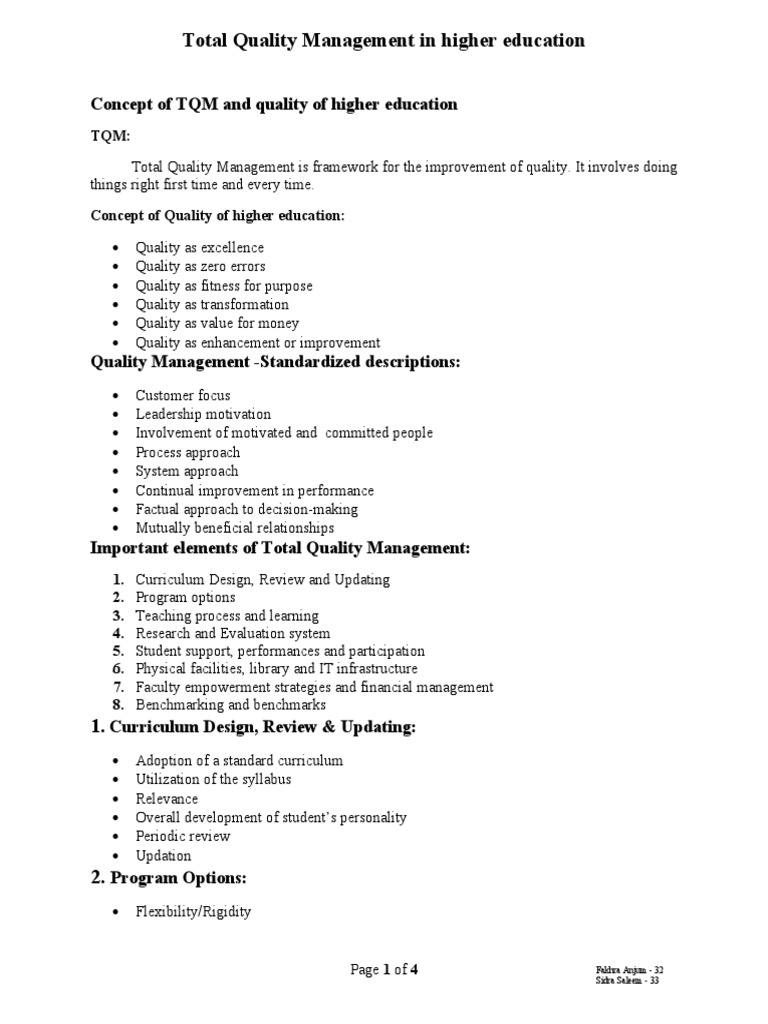 Total Quality Management in Higher Education Assignment | Download Free ...