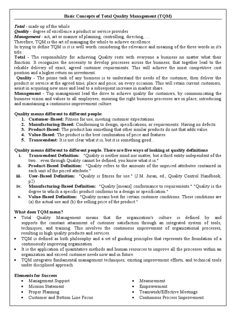 Basic Concepts of Total Quality Management | PDF | Quality Management ...