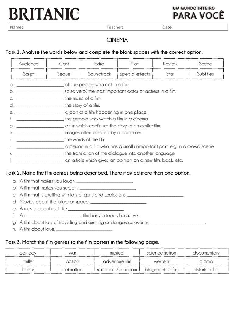 Cinema Vocabulary Worksheet | PDF | Horror Films | Action Films