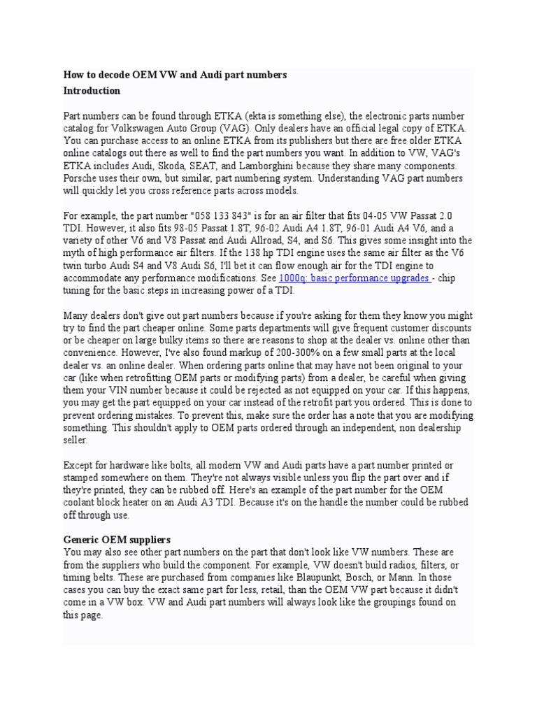 OEM VW and Audi Part Numbers | PDF | Audi | Volkswagen