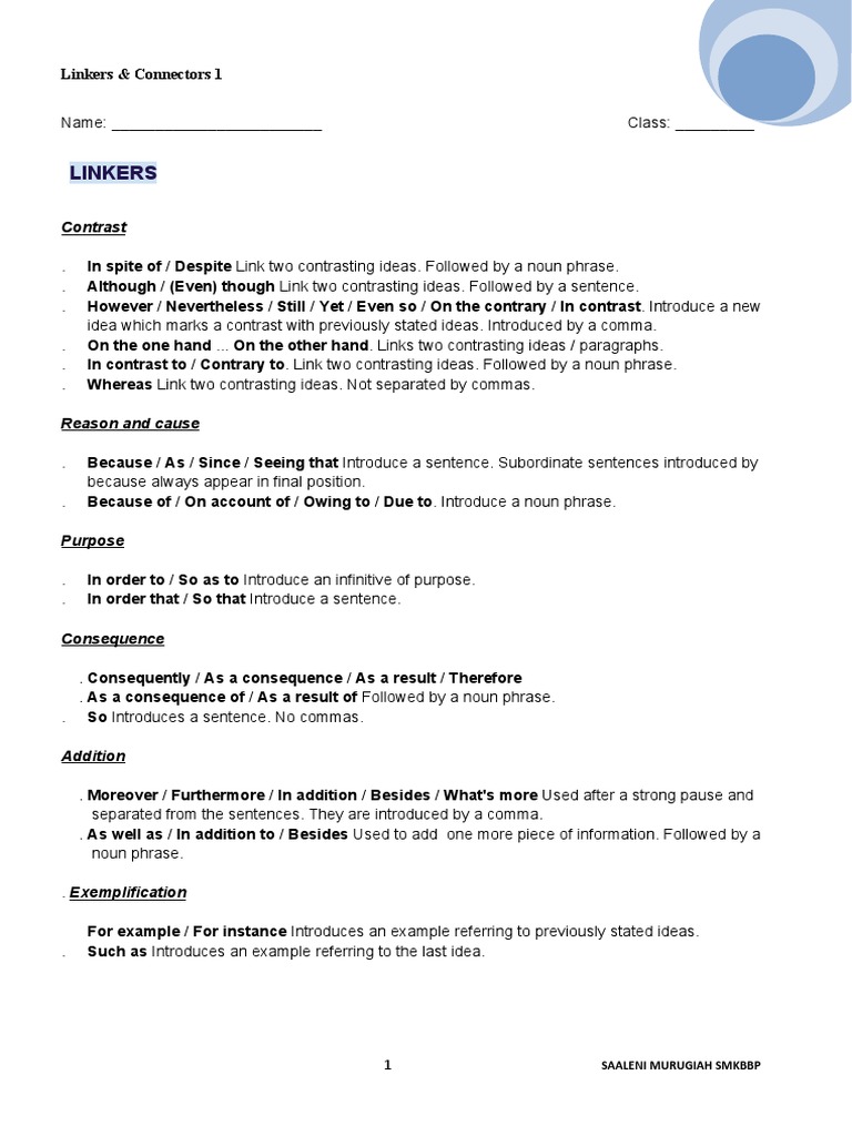Linkers & Connectors 1 | PDF | Sentence (Linguistics) | Phrase
