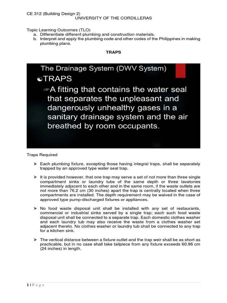 CE 312 - Traps and Plumbing Fixtures | PDF | Plumbing | Bathroom